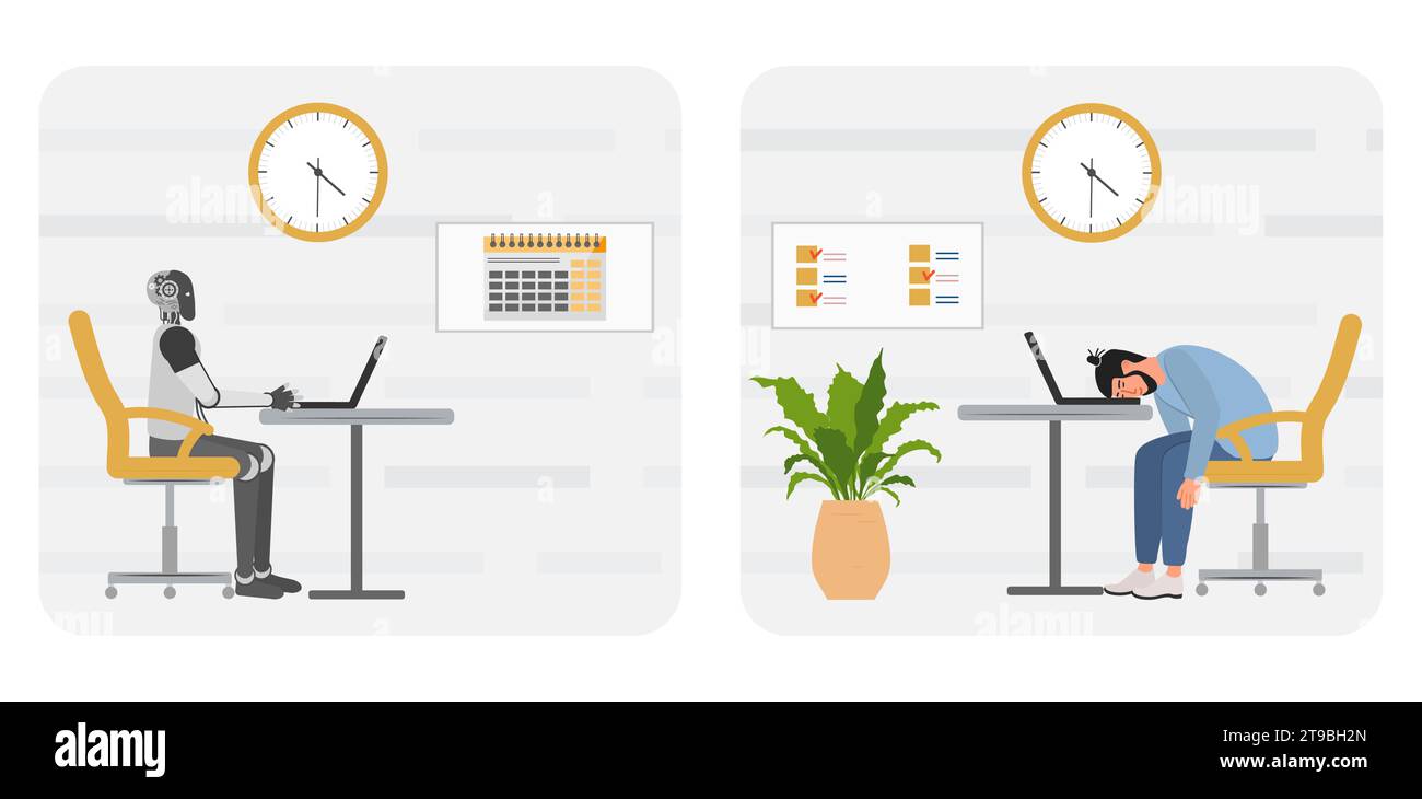 Smart AI Robot works on laptop, tired man sitting on chair with his ...