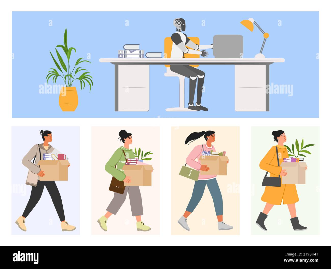 Smart AI robot took workplace, sad fired people hold boxes. Unemployment. Job loss from ...