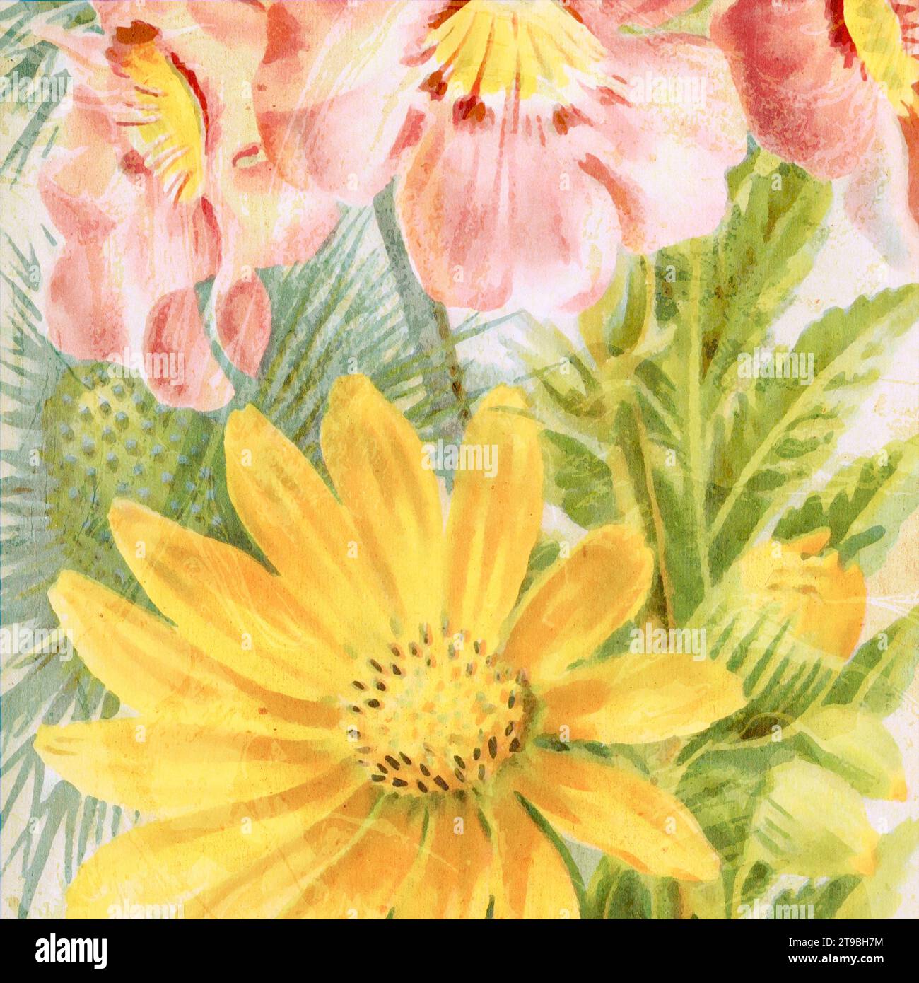 Square floral design, digitally painted in oil, boasting a vibrant ...