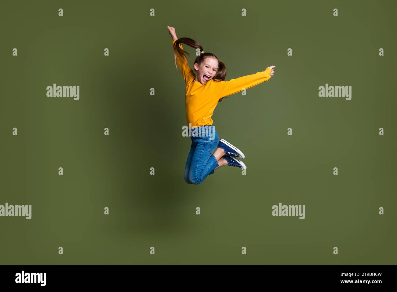 Full size photo of crazy little kid with tails hair wear yellow ...