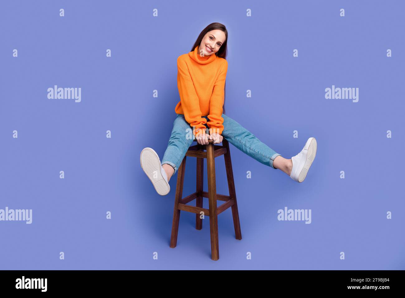 Full length photo of young adorable cute woman sitting chair raised ...