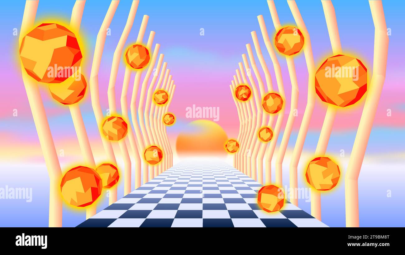 Vaporwave corridor of pillars with flying 3D donut shapes and sun in ...