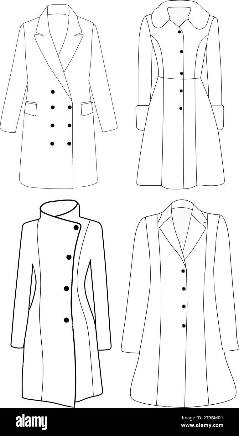 Women's double-breasted trench coat vector design, Women long coat ...
