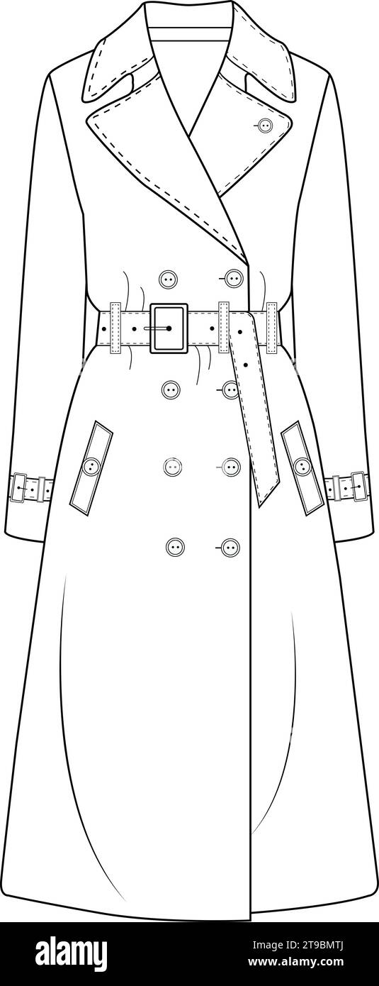 Women's double-breasted trench coat vector design, Women long coat ...