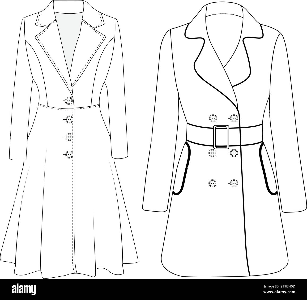 Women's double-breasted trench coat vector design, Women long coat ...