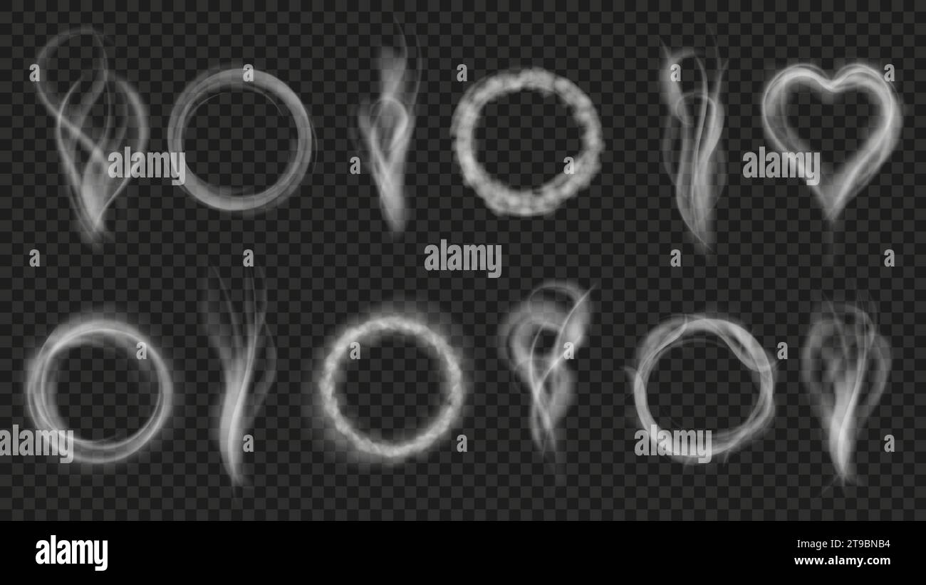 Smoke rings and waves. White cigarette smoke, hookah or vape rings and ...