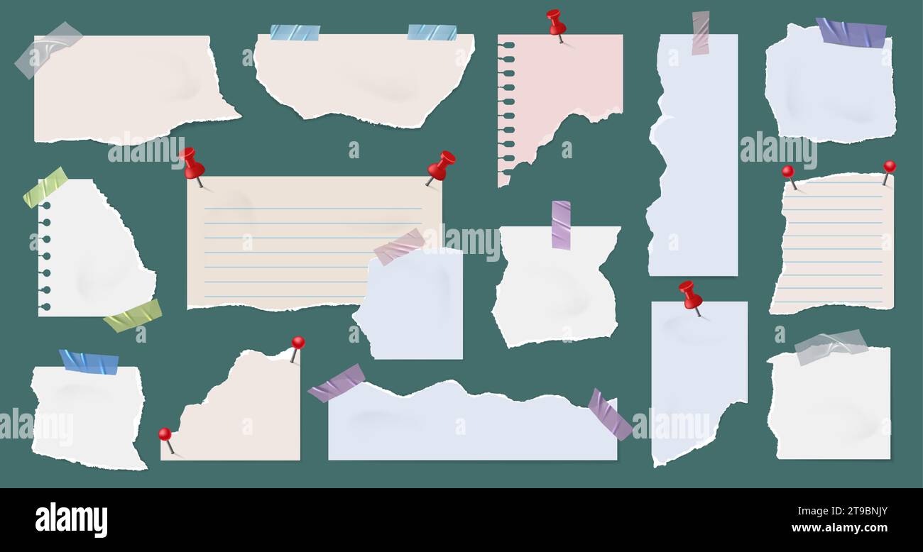 Pinned torn paper notes backgrounds. Scrapbook style note frame, ripped ...