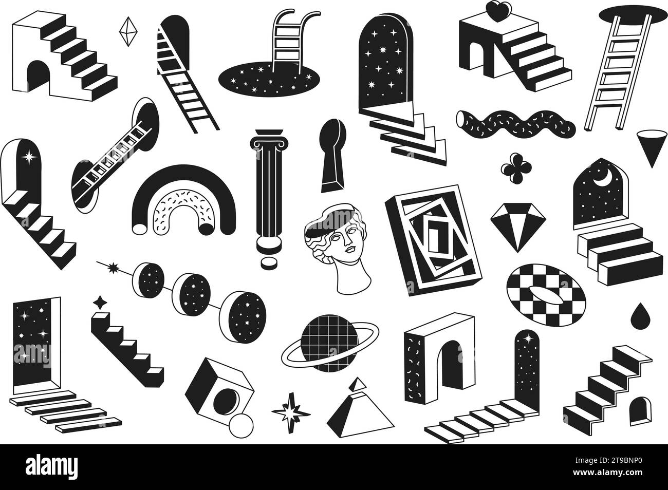 Surreal geometric shapes. Abstract minimal elements, dreamlike portals ...