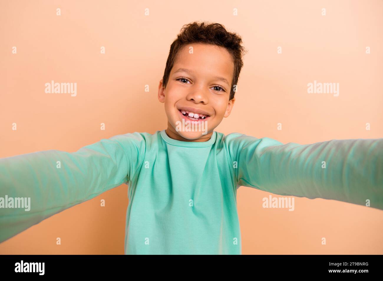 Portrait of cheerful funky person beaming smile good mood make selfie ...