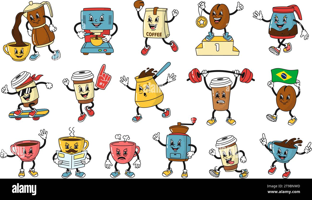 Cartoon coffee shop mascots. Funny hot drink cup, coffee bean in style ...