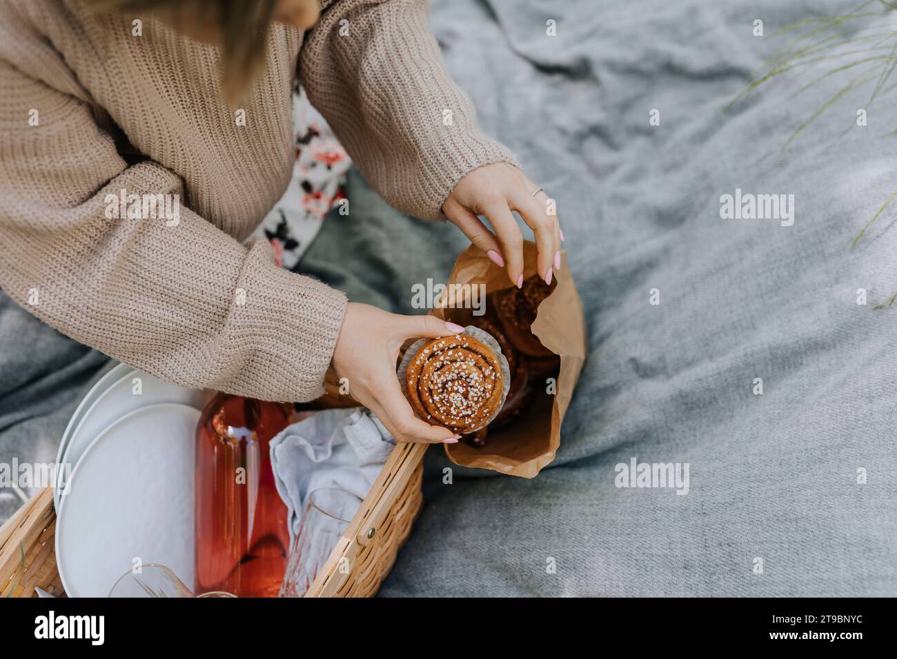 Mid section of woman sitting on blanket and taking cinnamon bun out of ...