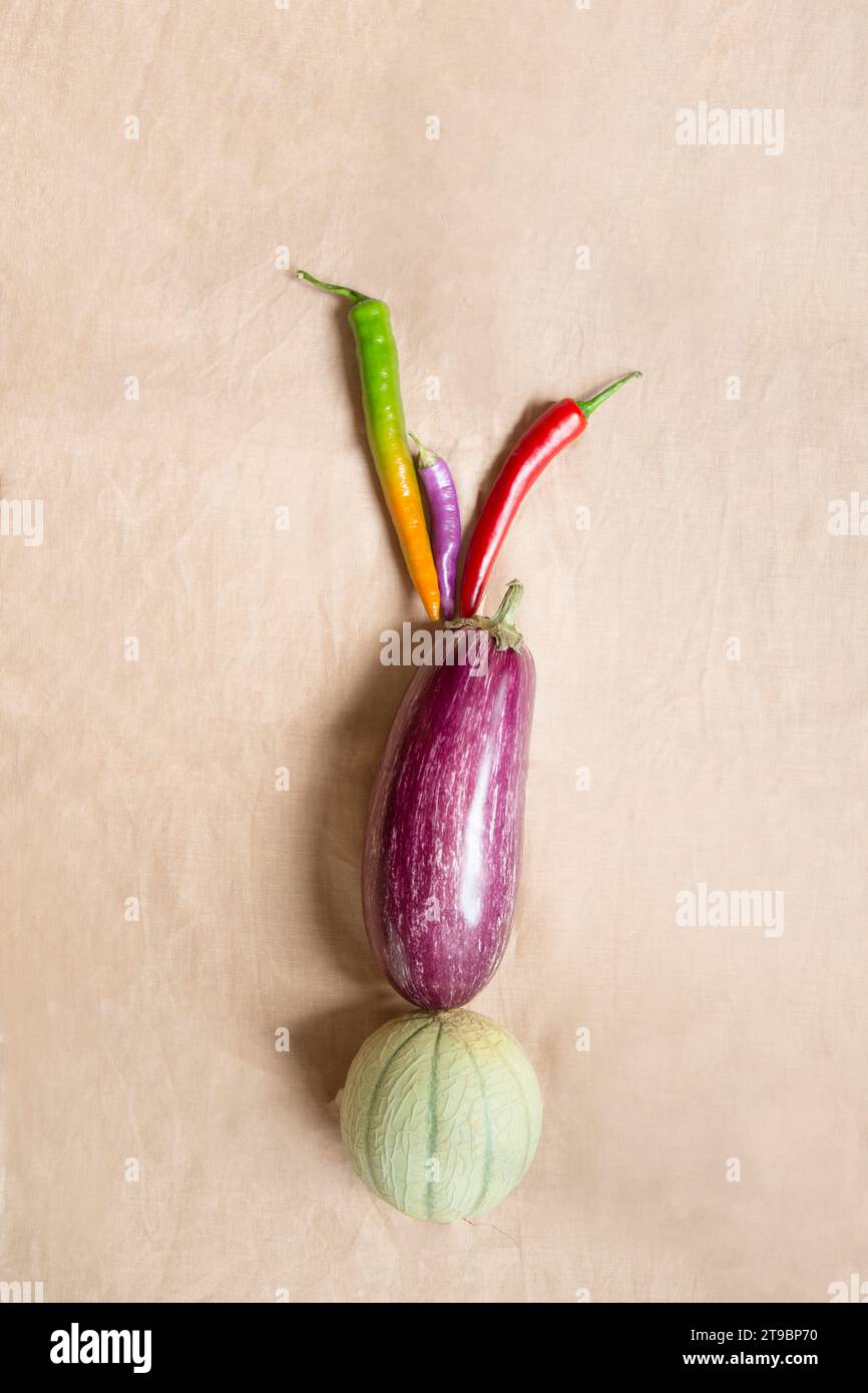 Fresh fruit and vegetables on beige background Stock Photo - Alamy
