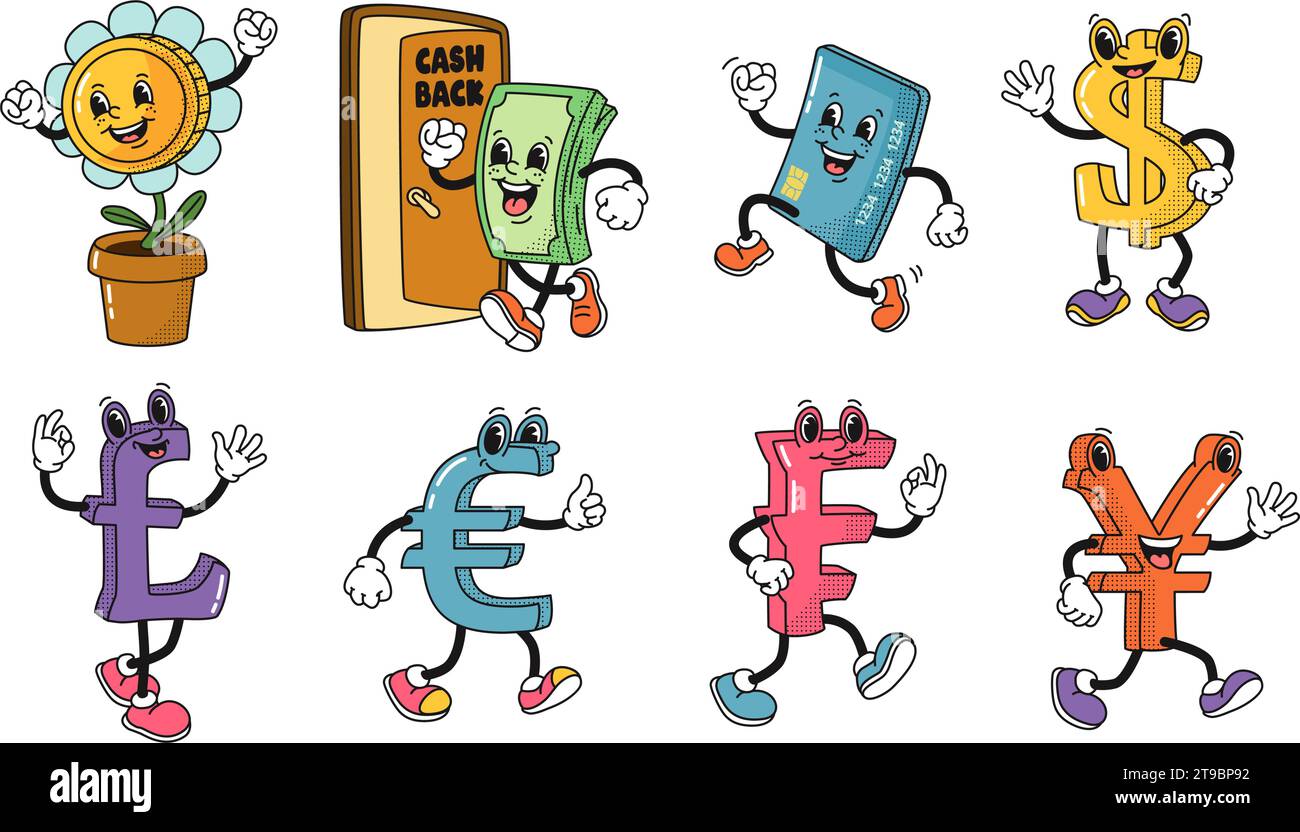 Cartoon finance mascots. Dollar and euro signs, cash back, deposit coin as flower and banking ...