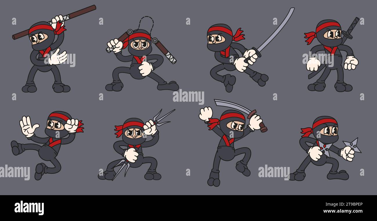 Cartoon ninja mascot. Cute Asian warrior in fighting poses with katana ...