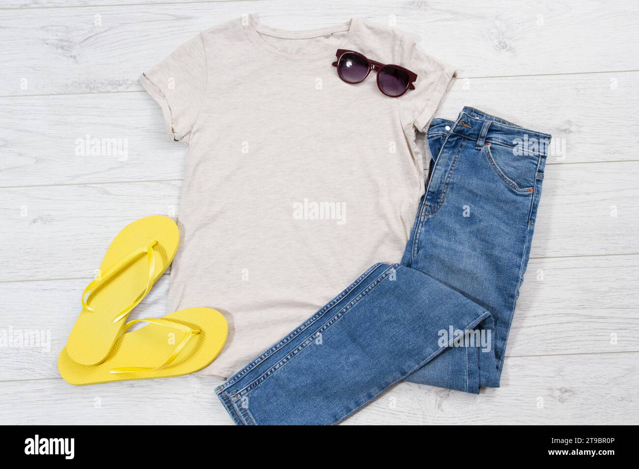 Clothes background, t shirt mock up, female tshirt top view Stock Photo ...