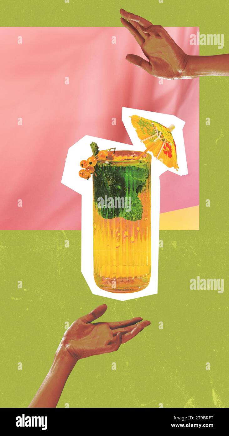Human hands over cocktail, lemonade, mojito over abstract background ...