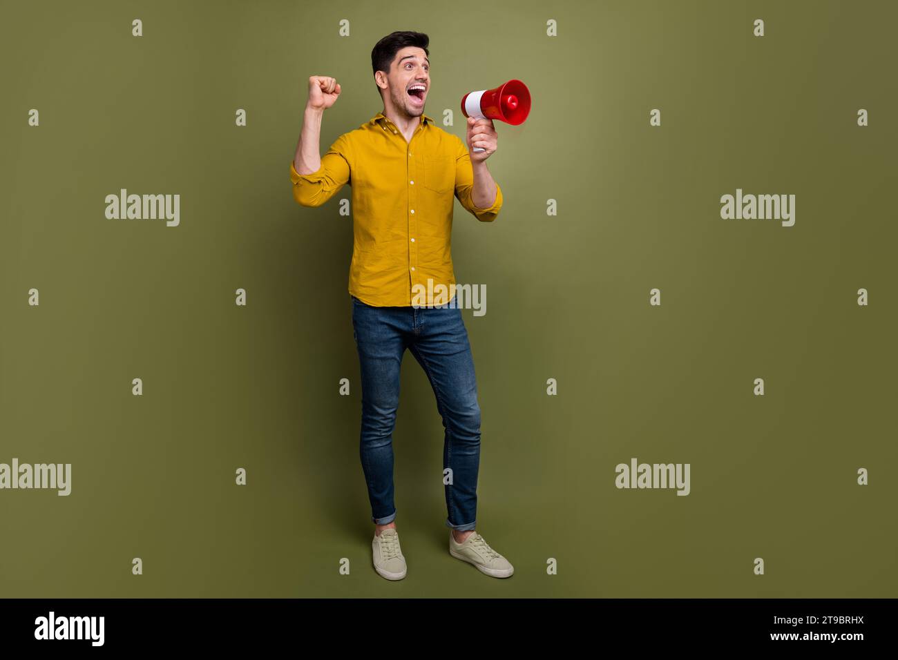Full length photo of cheerful crazy man supporter wearing trendy ...