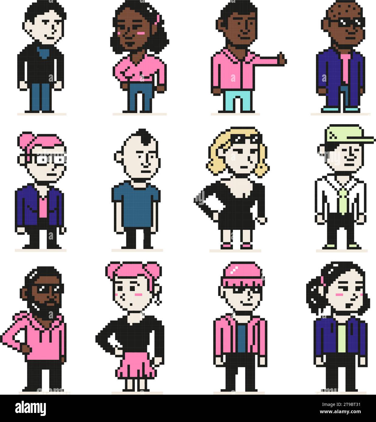 Pixel art characters. Chibi 8 bit people, pixelated video game person ...