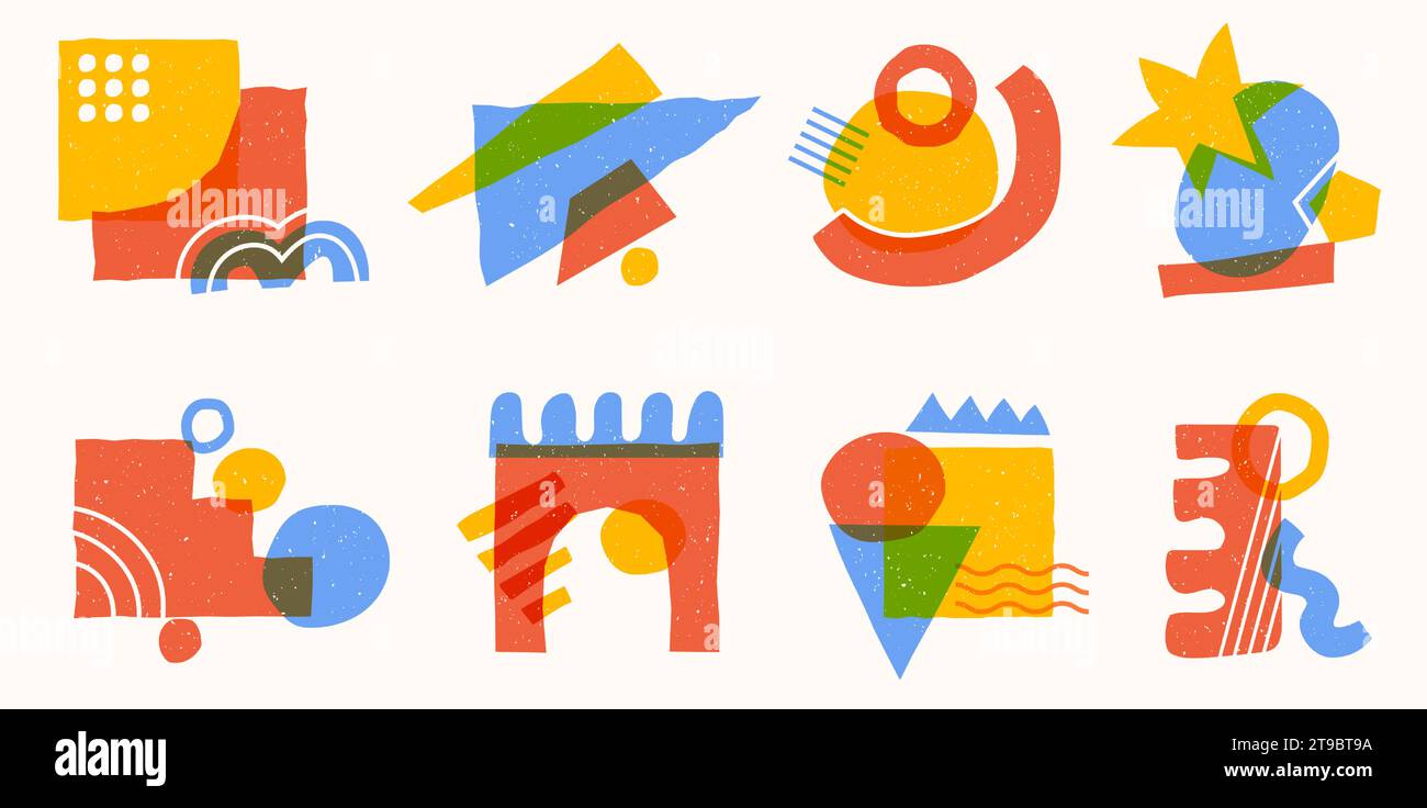 Geometric shapes with risograph effect. Retro abstract compositions with cmyk print overlay and ...