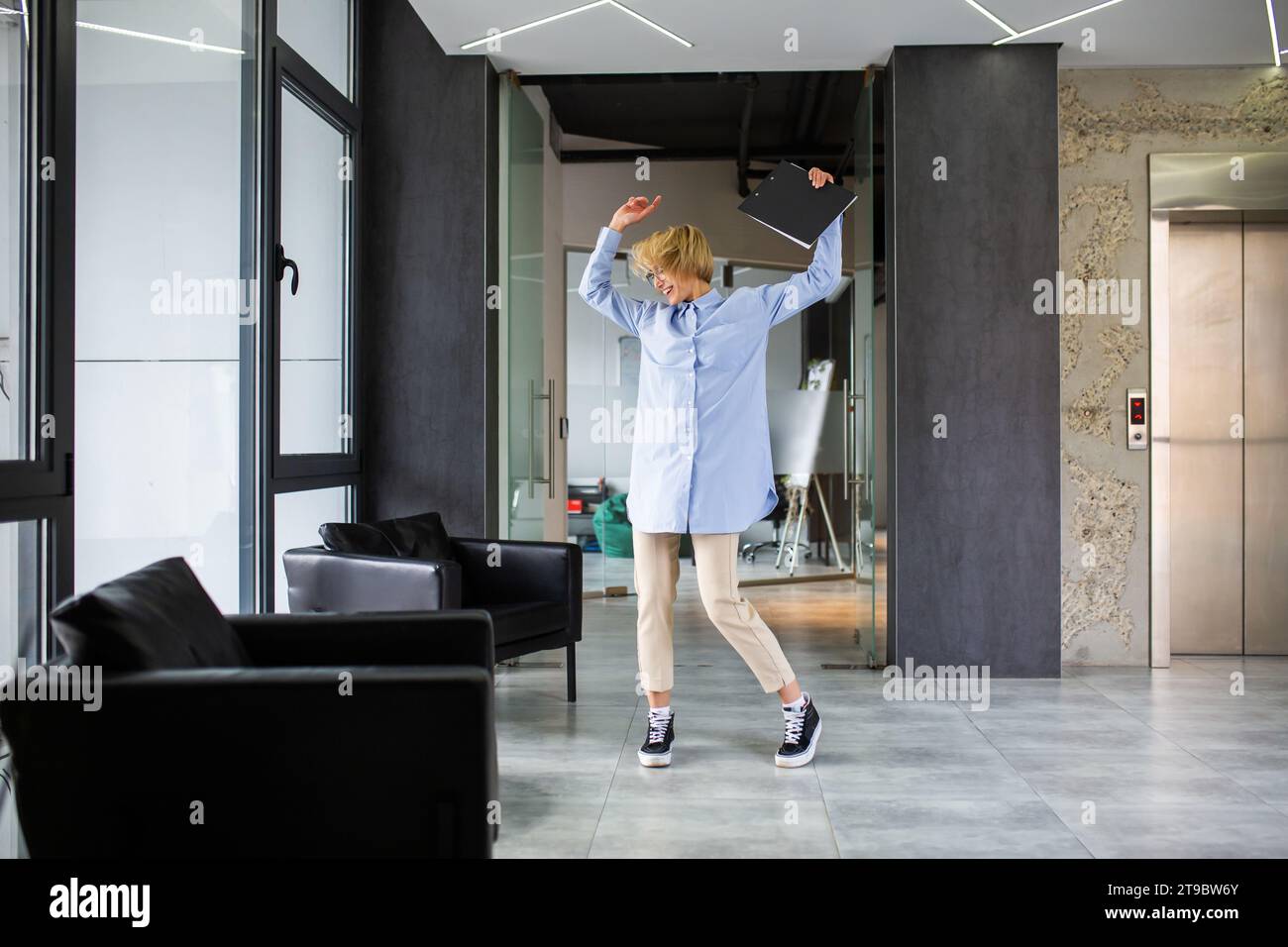 Well done woman successfully completed project, blonde businesswoman ...