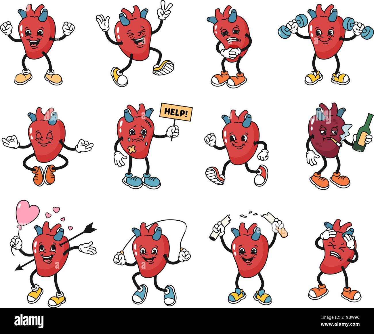 Cartoon human heart mascot. Damaged and discomfort heart character ...