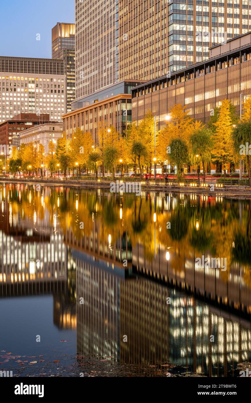Night view of Marunouchi and Hibiya in Tokyo with water reflection ...