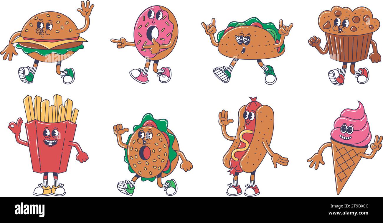 Cartoon fast food mascot. Cheerful burger, mexican taco, sweet donut ...