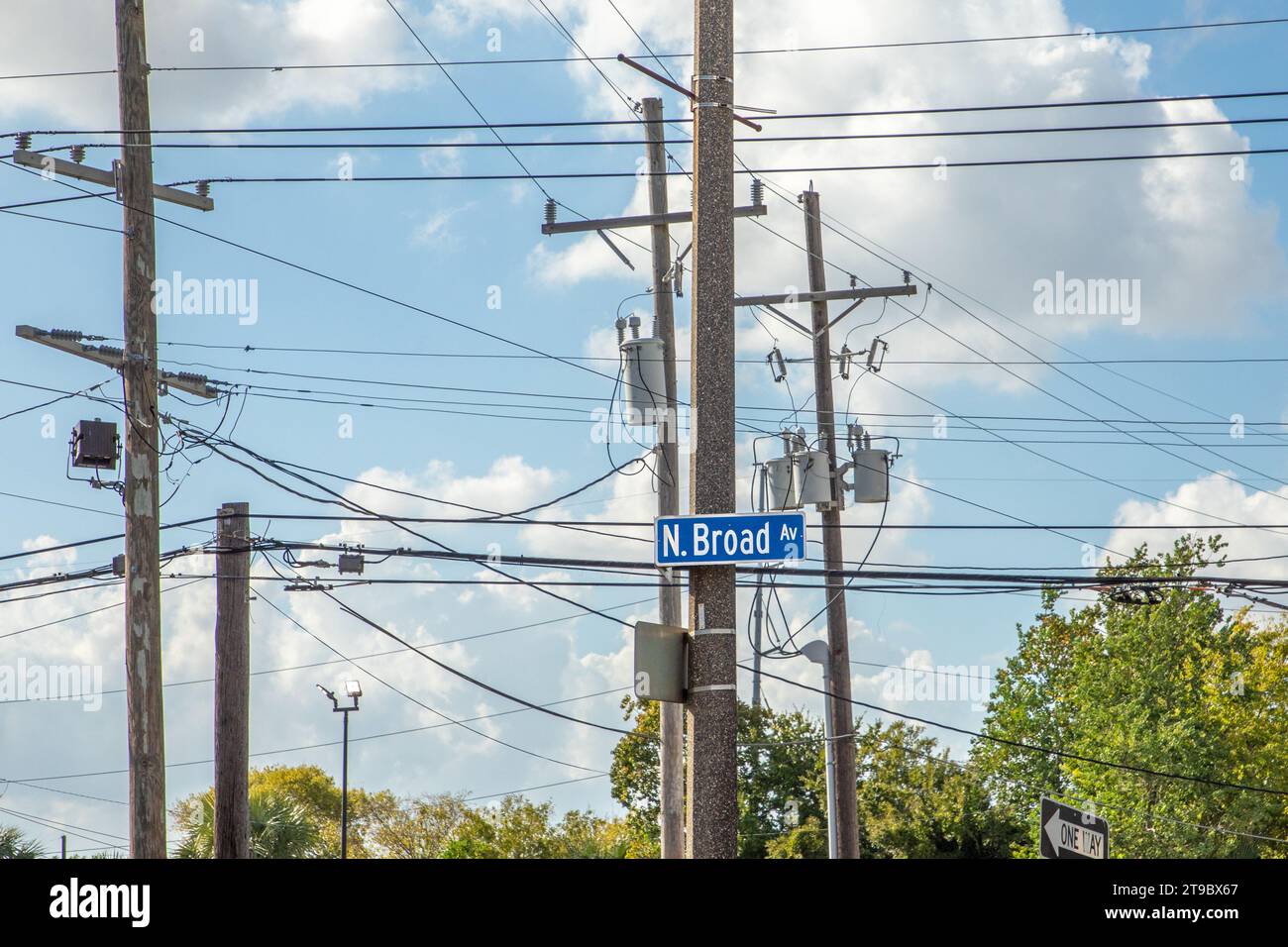 ELECTRICITY PYLON WITH STREET NAME SIGN BROAD AVENUE IN NEW ORLEANS ...