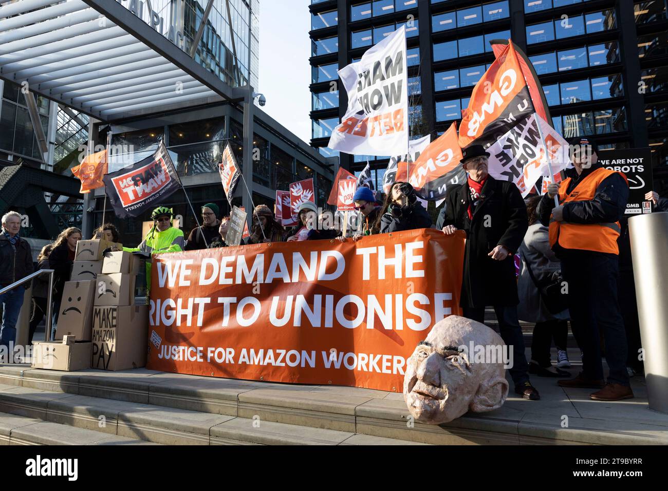 London, UK. 24th November 2023. The GMB union protest outside Amazon ...