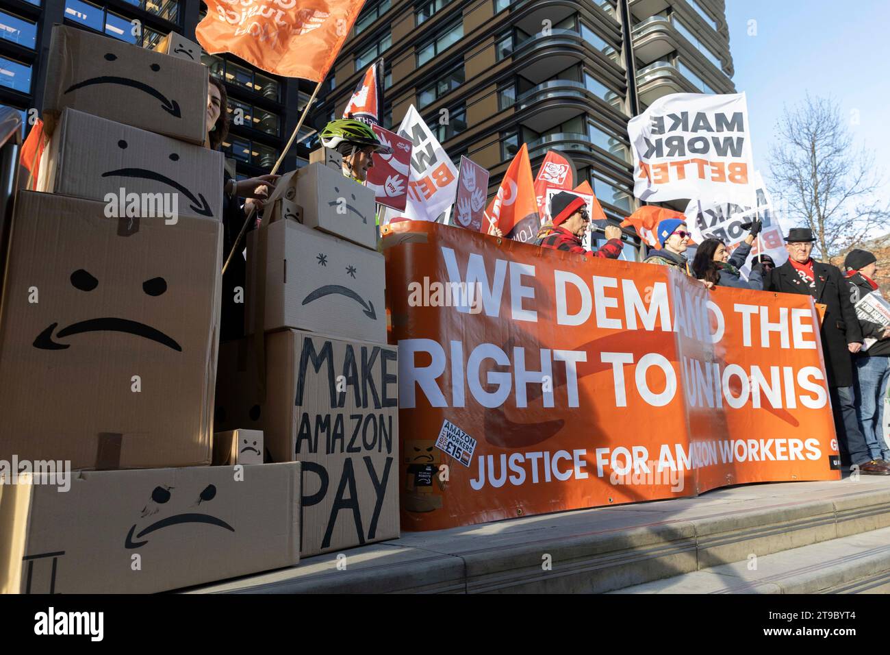 London, UK. 24th November 2023. The GMB union protest outside Amazon ...