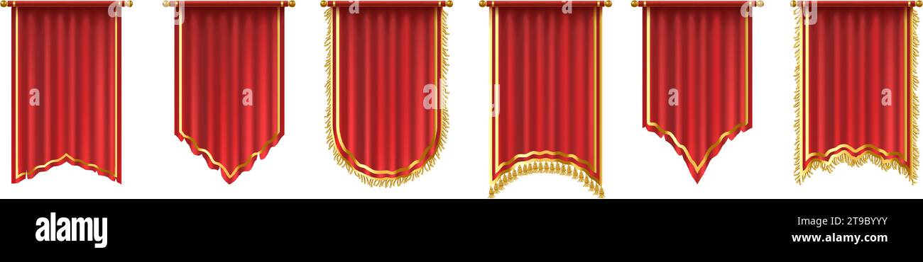 Red medieval battle flag. Hanging fabric royal banner, pennant mockup ...