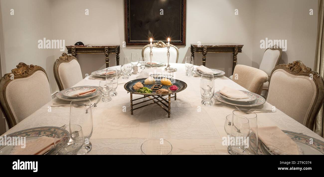Chic table prepared for the Passover party with the Passover Seder dish ...