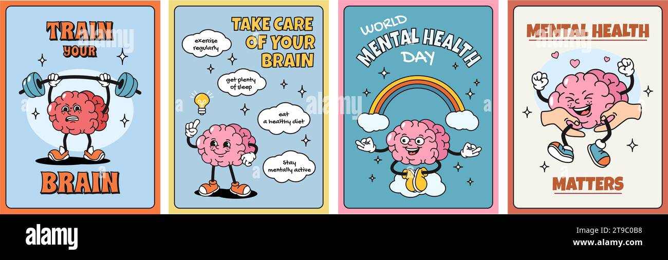 Mental health posters. Take care and train brain, world mental health ...