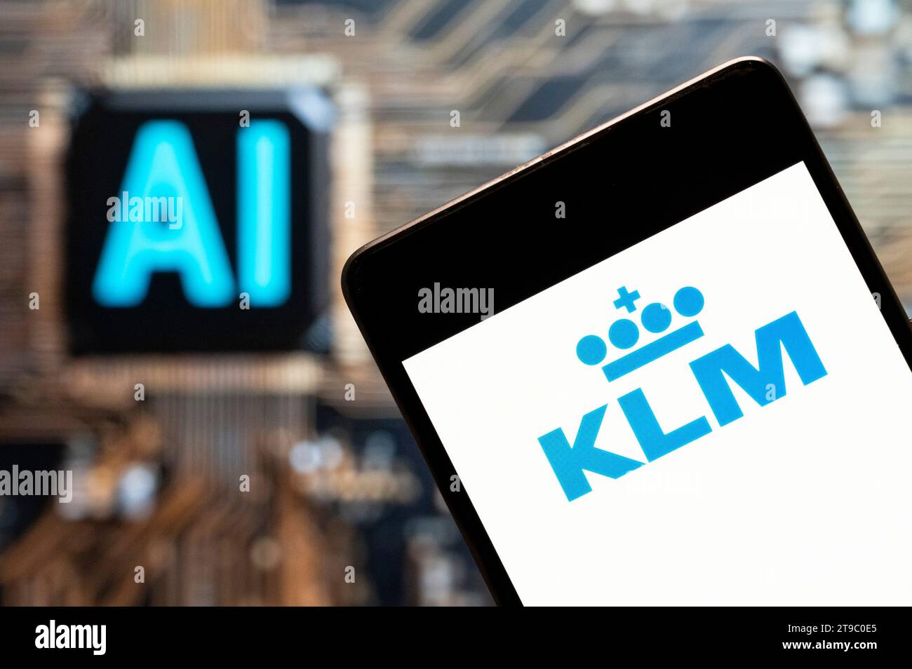 In this photo illustration, the KLM Royal Dutch Airlines logo seen ...