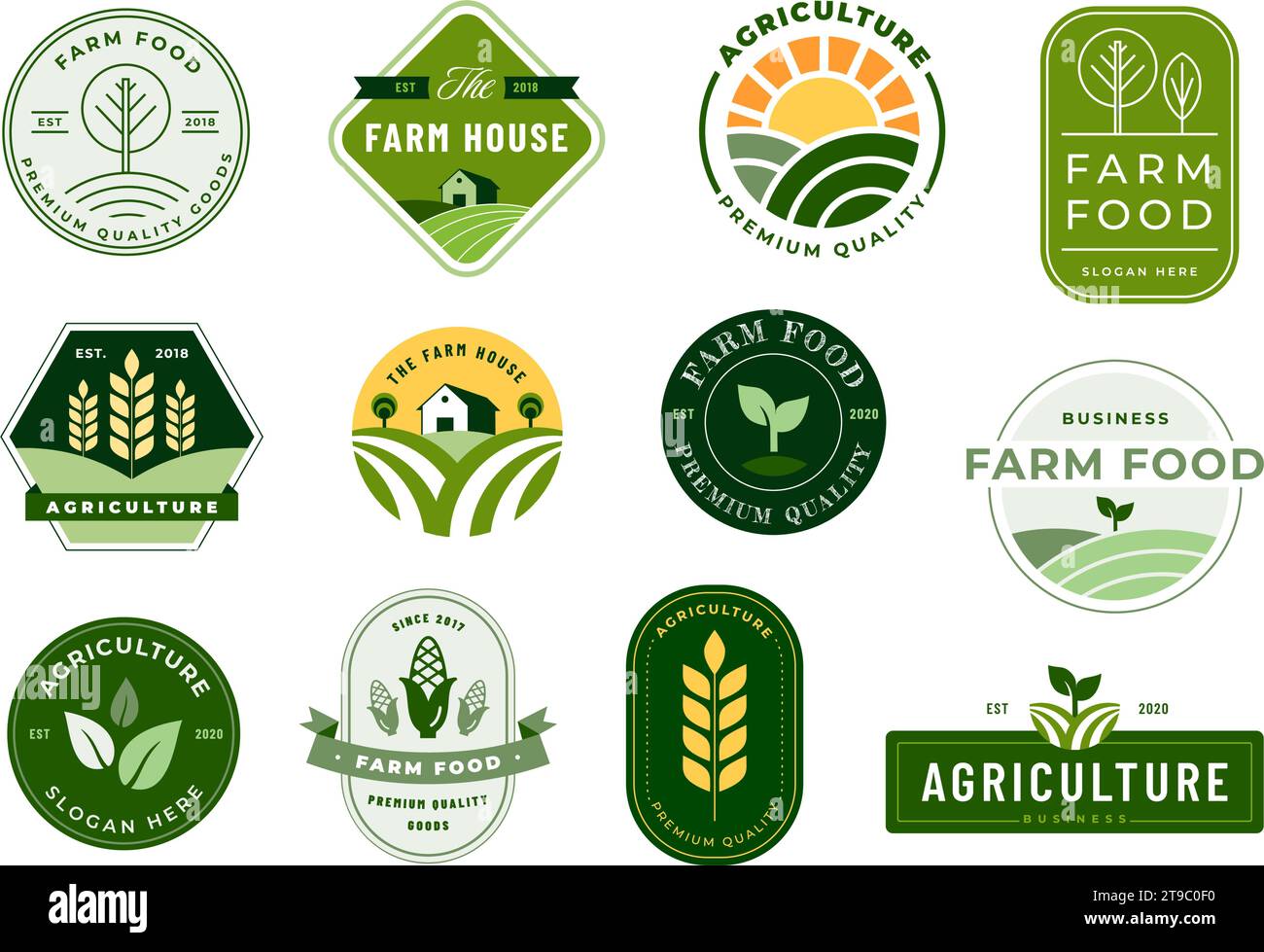 Farm emblems. Agriculture and farm food labels, agrarian quality seals ...