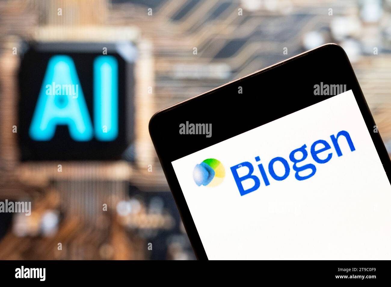 In this photo illustration, the American multinational biotechnology ...