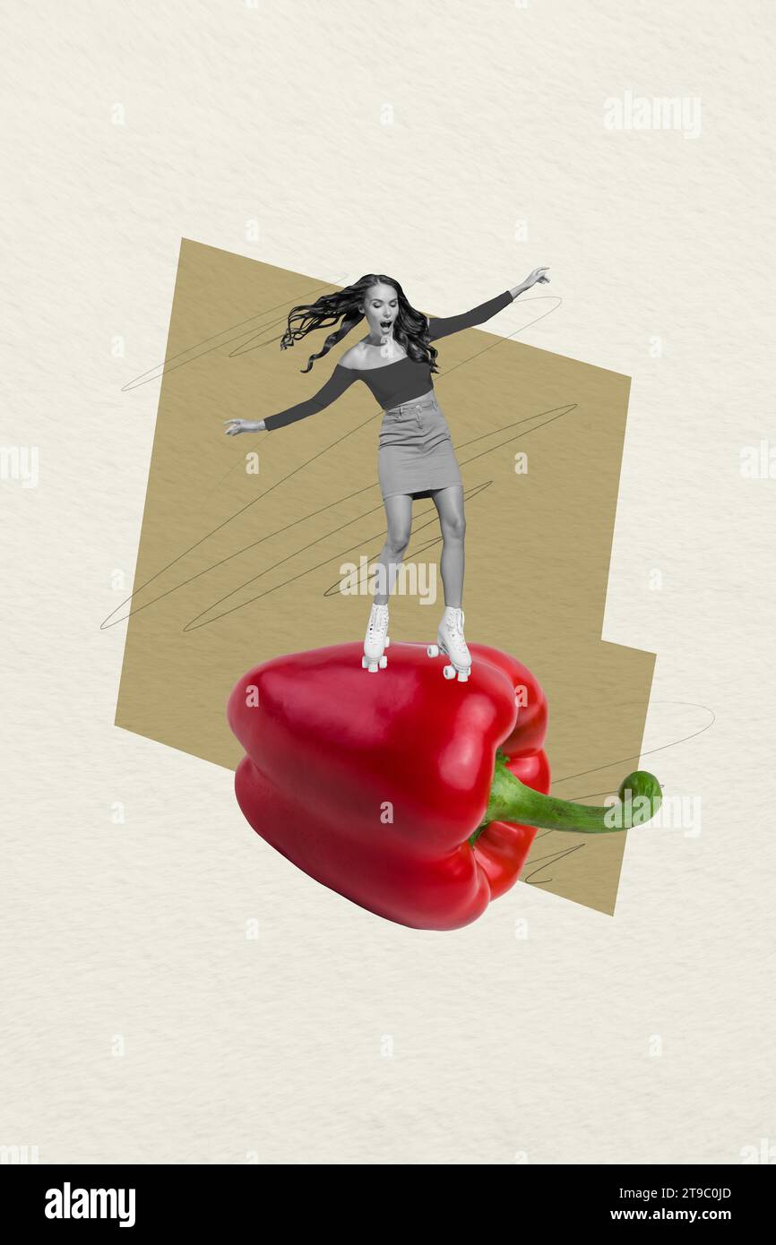Creative drawing collage picture of young female roller skating pepper ...