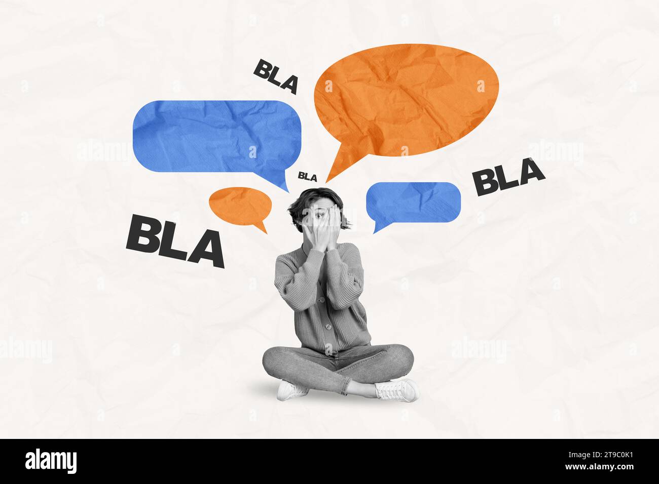 Creative drawing collage picture of shy woman avoid bla gossip speech ...