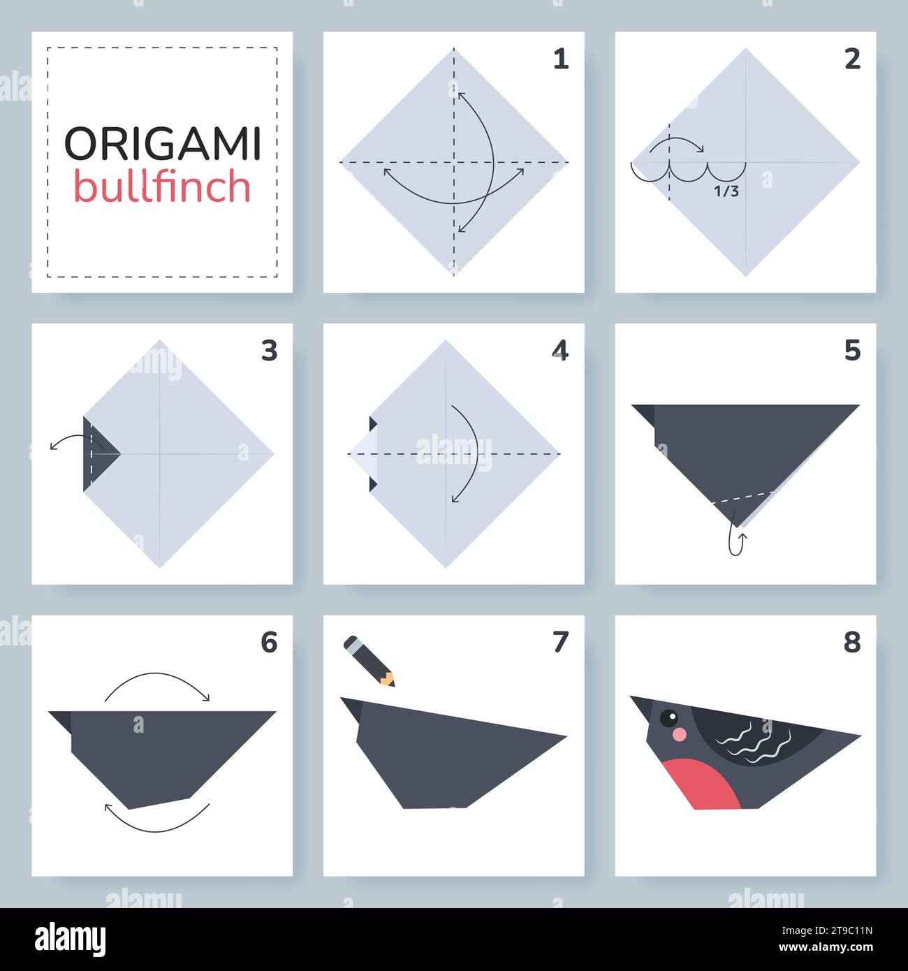 Origami tutorial for kids. Origami cute bullfinch Stock Vector Image & Art - Alamy
