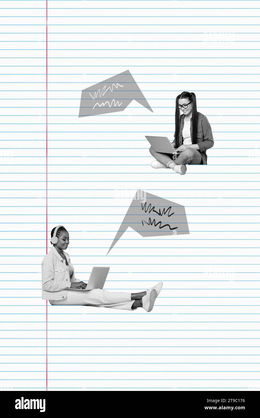 Vertical collage two young students girls use laptops create project ...