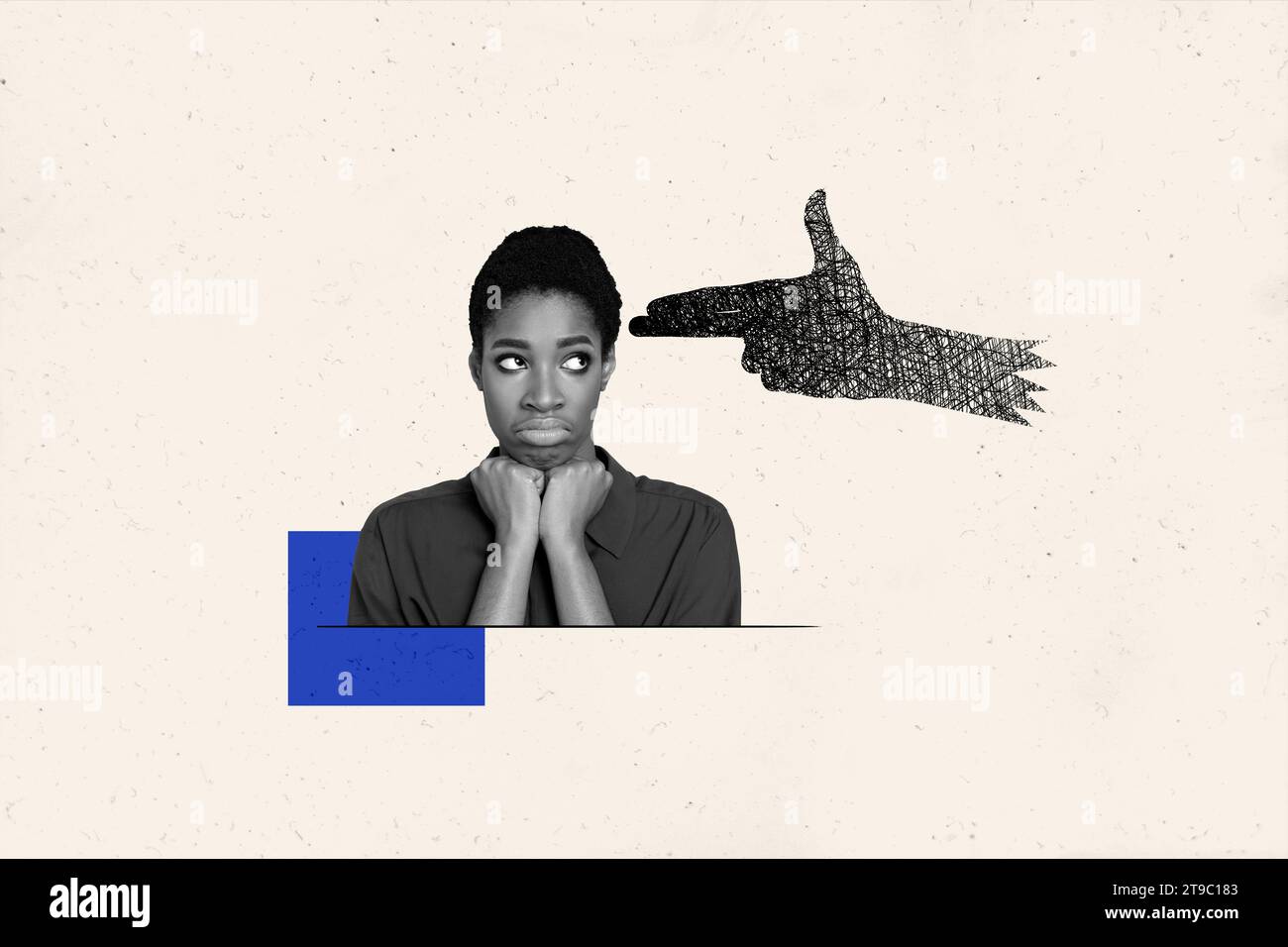 Creative collage of young girl suffer public community hate harassment ...