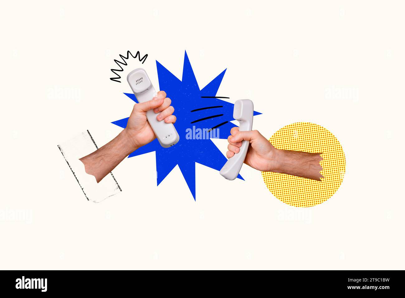 Collage 3d pop retro image of arms holding vintage telephone handset ...