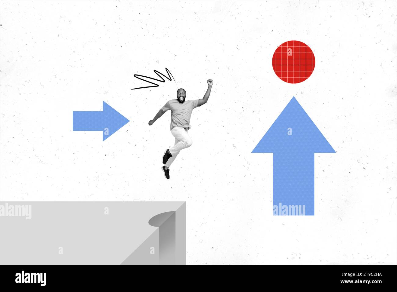 Creative artwork collage painting of purposeful guy jumping achieving ...
