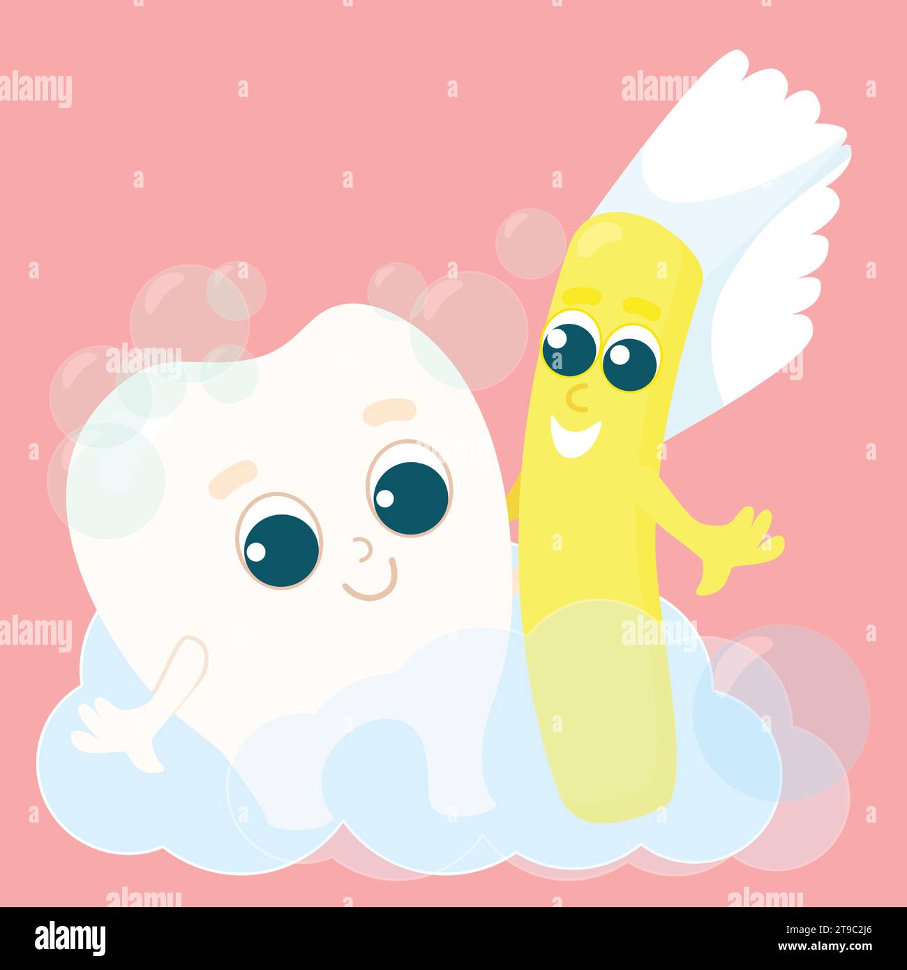 Funny tooth and toothbrush in toothpaste bubbles. The tooth is happy ...