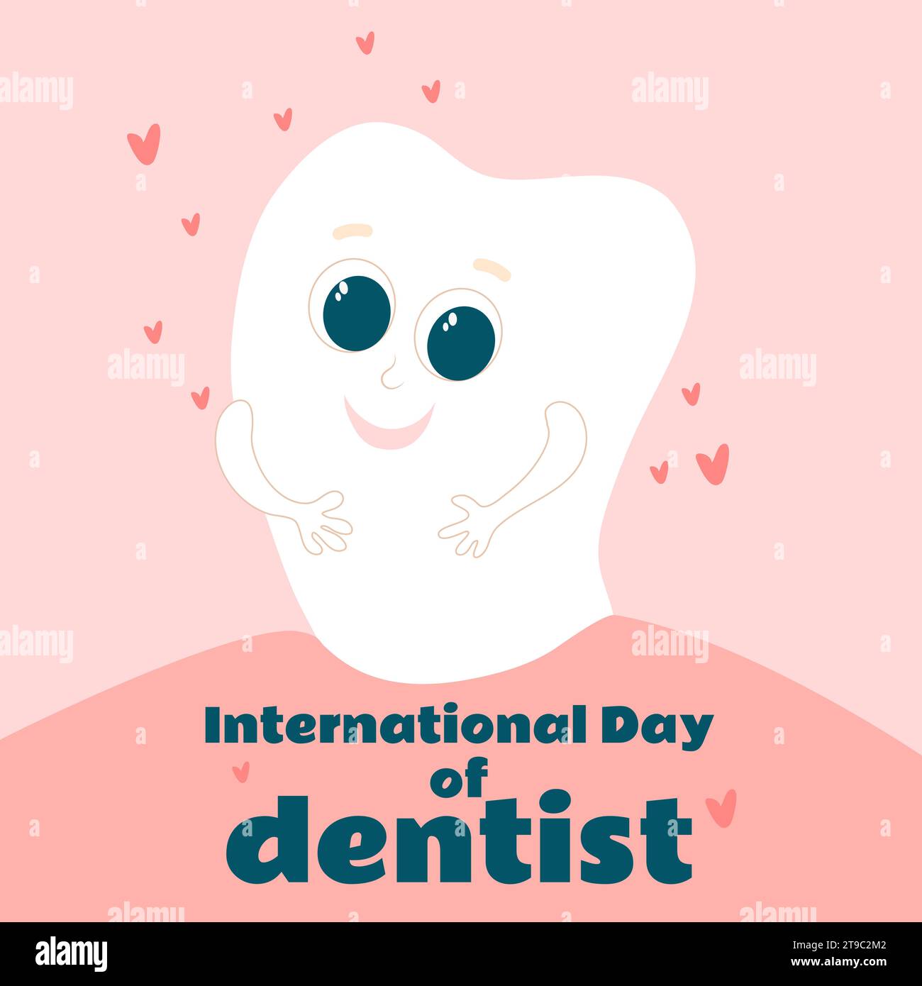 The ample tooth in his mouth smiles and he is happy. Card for International Dentist Day in flat ...