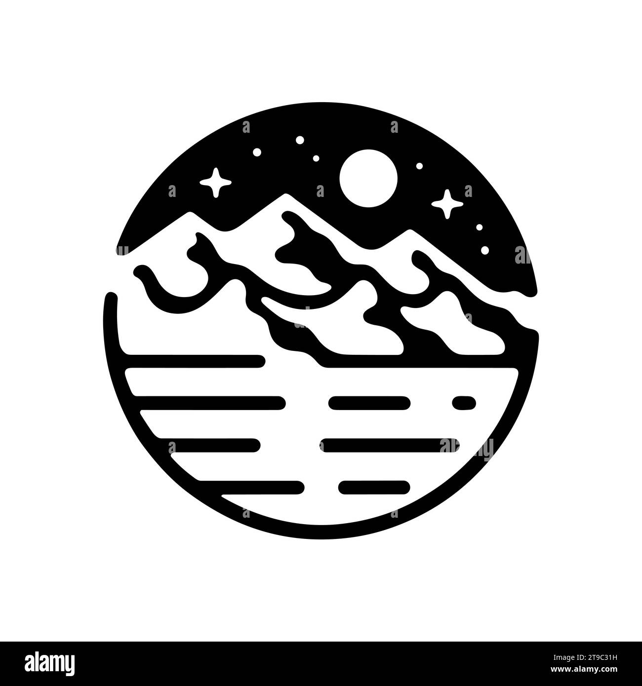 Mountain landscape under the starry night sky. Black nature icon ...