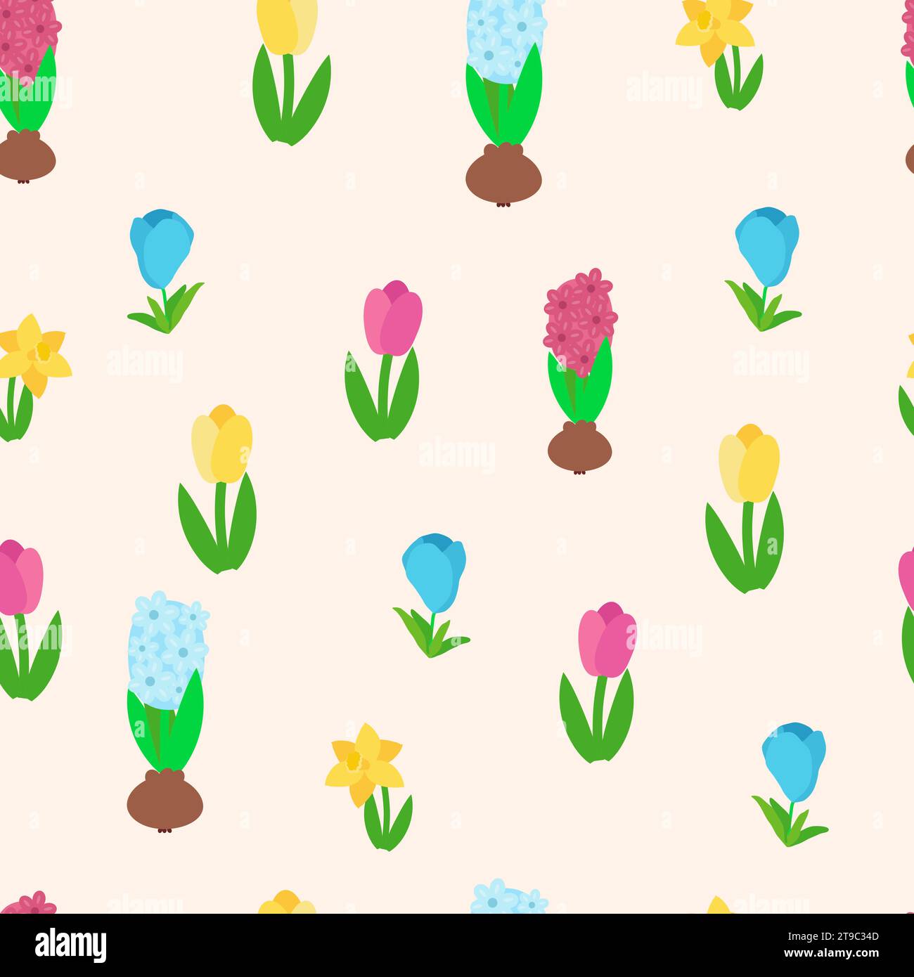 Seamless endless pattern of pink and yellow tulips, blue crocuses ...