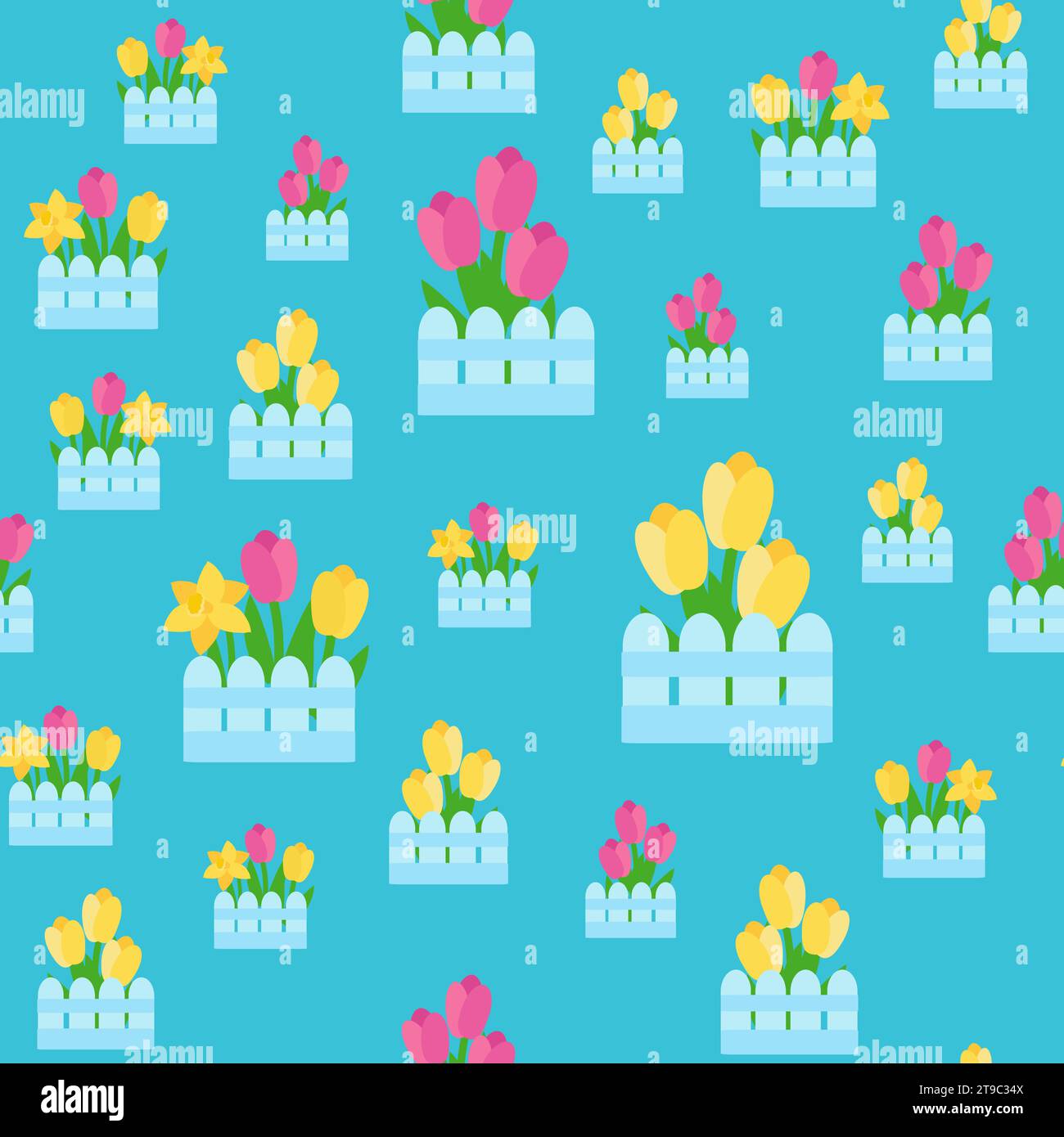 Seamless pattern spring flowers tulips and daffodils behind the fence ...