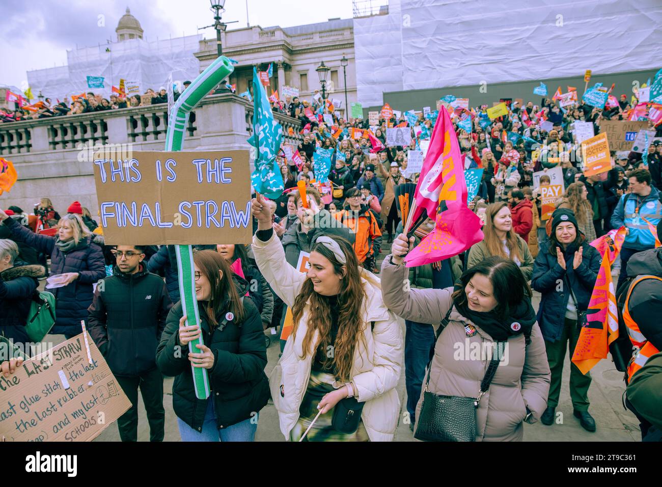 Placards are held during a march and rally called by the NEU (National ...