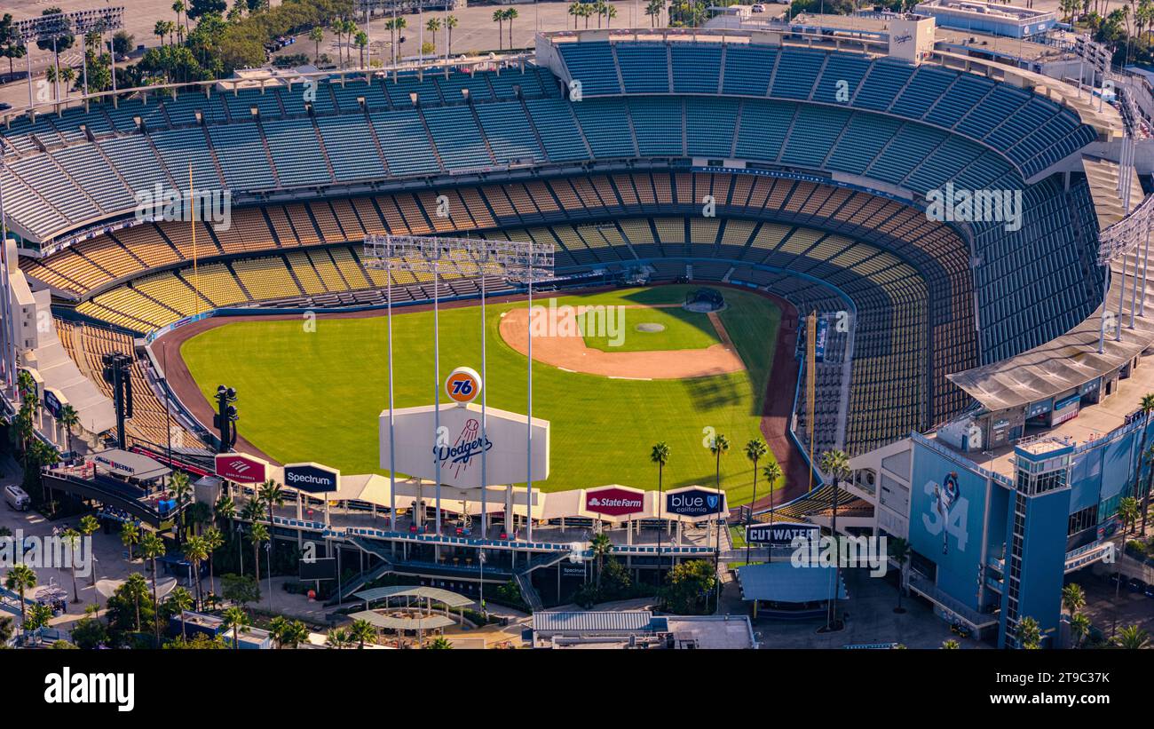 Dodgers Stadium in Los Angeles - aerial view over the baseball stadium ...